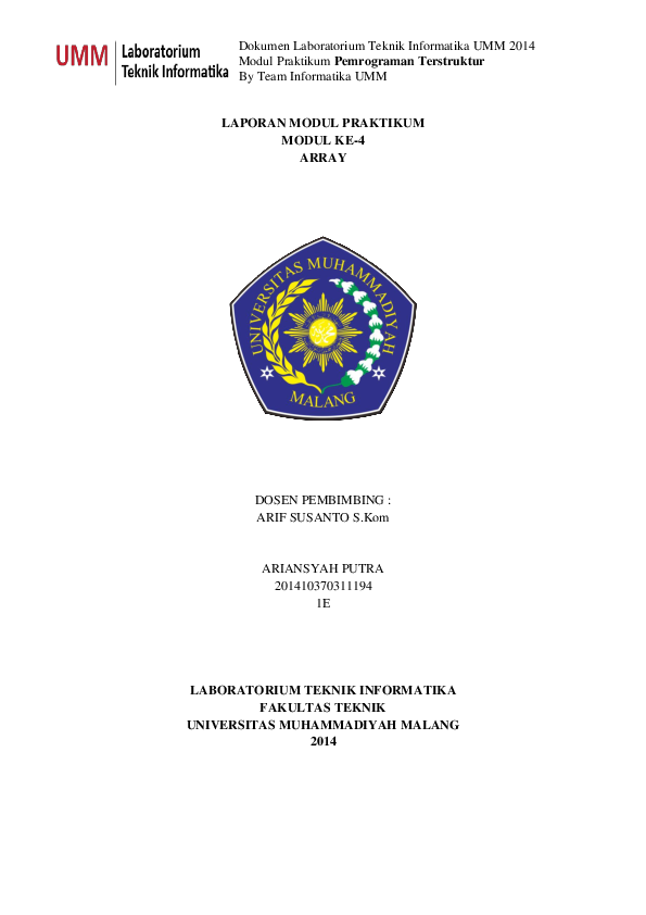 (PDF) Laporan Praktikum Modul 4 Array Lab. Teknik Informatika UMM 2014