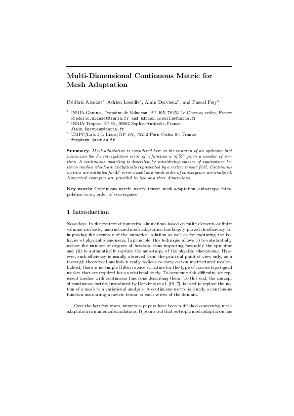 (PDF) MultiDimensional Continuous Metric for Mesh Adaptation