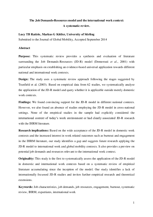 (PDF) The Job Demands-Resources model and the international work ...