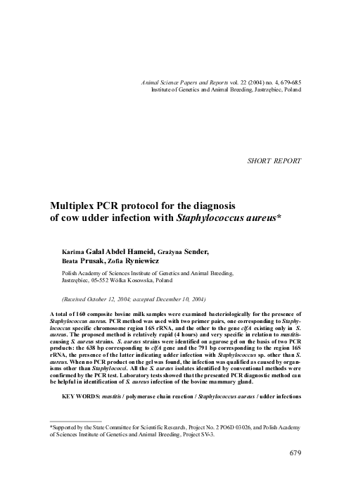 (PDF) Multiplex PCR protocol for the diagnosis of cow udder infection with Staphylococcus aureus