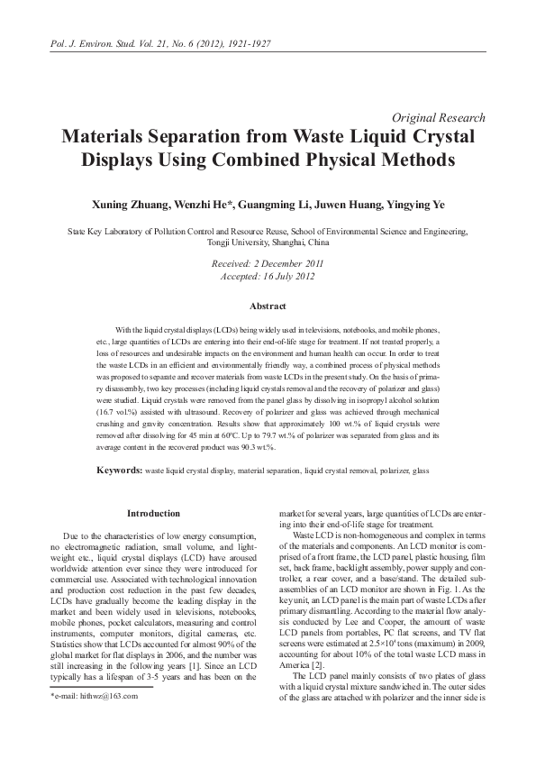 (PDF) Materials Separation from Waste Liquid Crystal Displays Using ...
