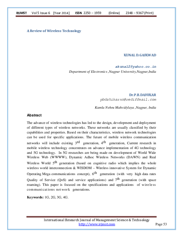(PDF) A Review of Wireless Technology