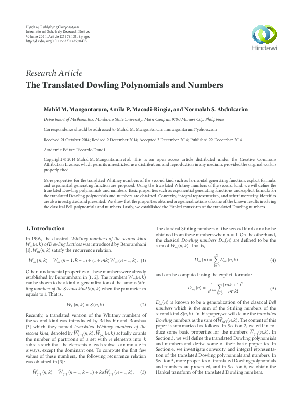 Pdf The Translated Dowling Polynomials And Numbers