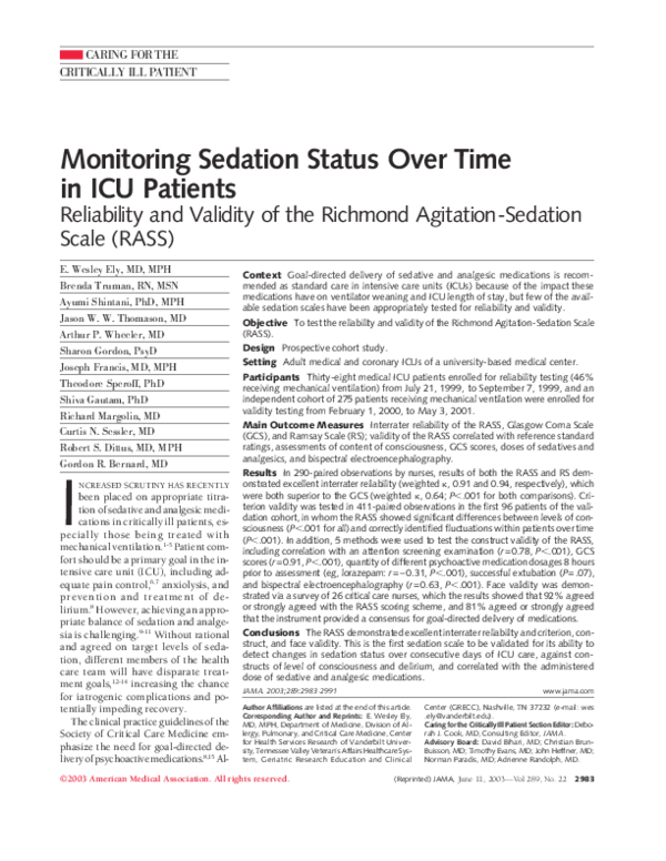 (PDF) CARING FOR THE CRITICALLY ILL PATIENT Monitoring Sedation Status ...