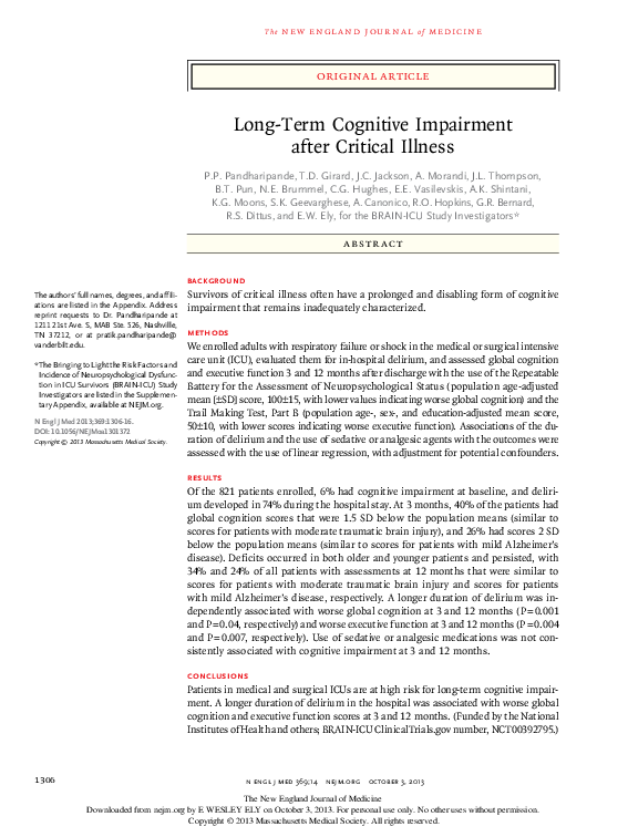 (PDF) Long-Term Cognitive Impairment after Critical Illness for the ...