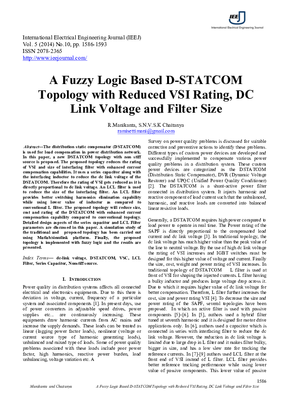 Pdf A Fuzzy Logic Based D Statcom Topology With Reduced Vsi Rating Dc Link Voltage And Filter