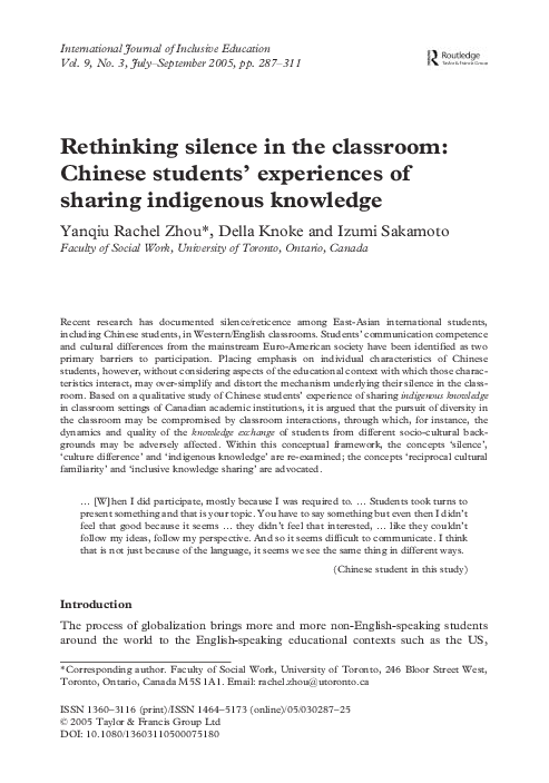 (PDF) Rethinking silence in the classroom: Chinese students’ experiences of sharing indigenous ...