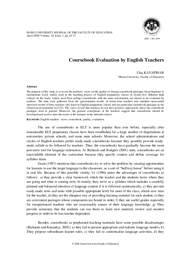 (PDF) Coursebook Evaluation by English Teachers