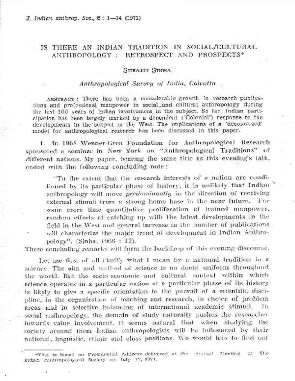 (PDF) Is there an Indian tradition in social anthropology? By Surajit Sinha