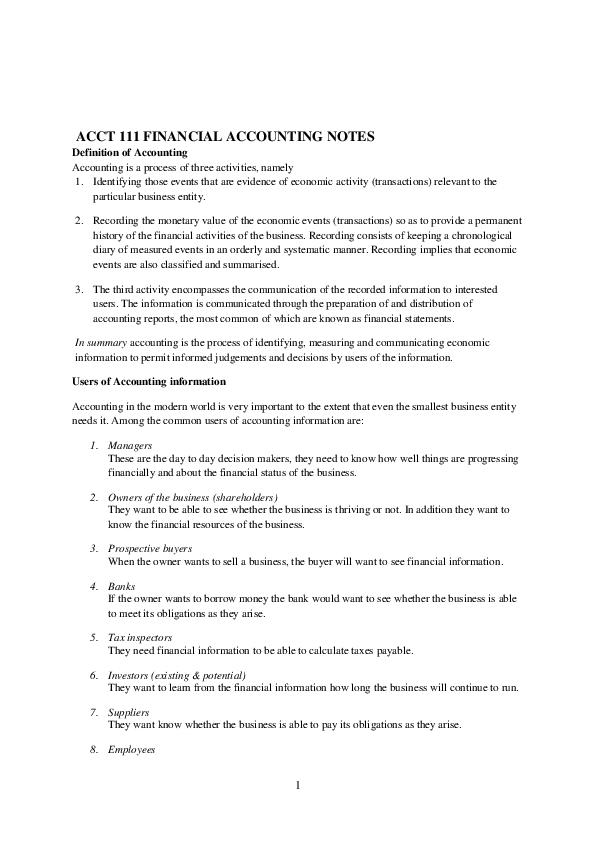 (DOC) ACCT 111 FINANCIAL ACCOUNTING NOTES Definition of Accounting