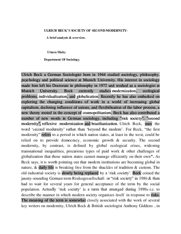 (DOC) Ulrich Beck's society ,abrief overview & analysis.