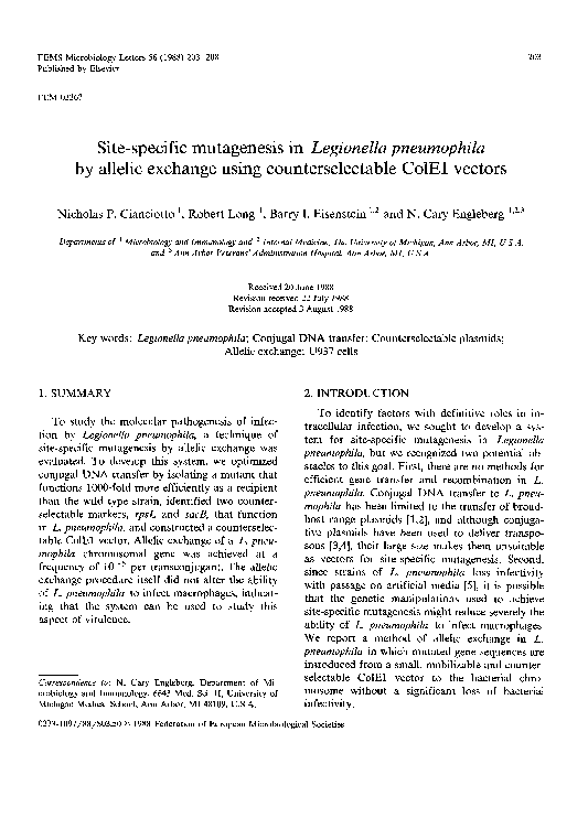 (PDF) Site-specific mutagenesis in Legionella pneumophila by allelic ...
