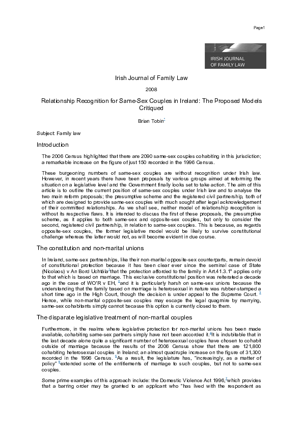 Pdf Relationship Recognition For Same Sex Couples In Ireland The