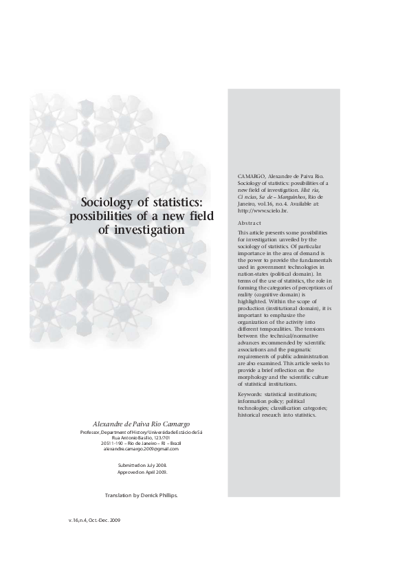 (PDF) The Sociology of statistics - possibilities of a new field of ...