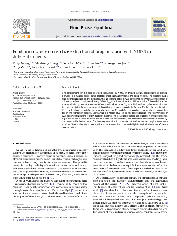 (PDF) Equilibrium study on reactive extraction of propionic acid with N1923 in different diluents