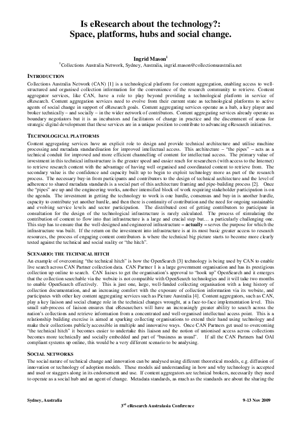 (PDF) Is eResearch about the technology?: Space, platforms, hubs and ...