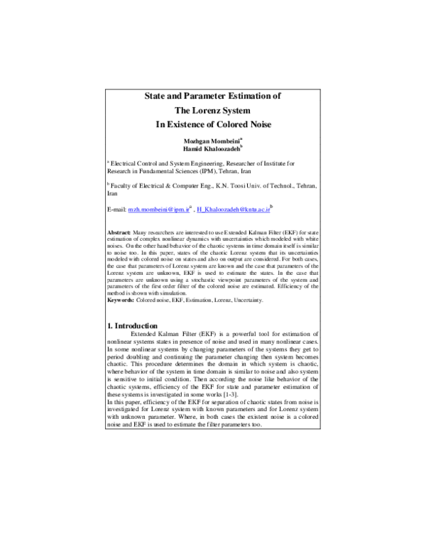 Pdf State And Parameter Estimation Of The Lorenz System In Existence