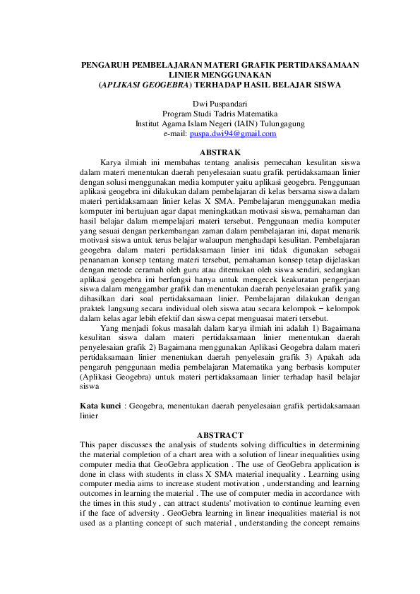 (DOC) PENGARUH PEMBELAJARAN MATERI GRAFIK PERTIDAKSAMAAN LINIER MENGGUNAKAN (APLIKASI GEOGEBRA ...
