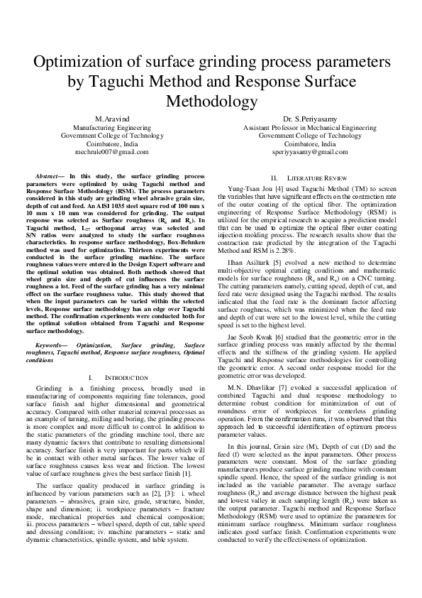 (PDF) Optimization of surface grinding process parameters by Taguchi Method and Response Surface ...