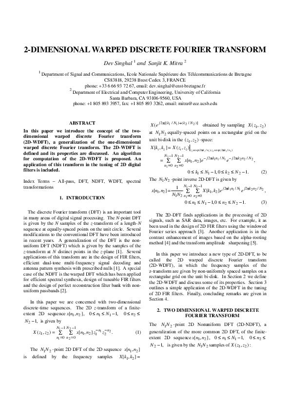 Pdf 2dimensional Warped Discrete Fourier Transform Dev Singhal