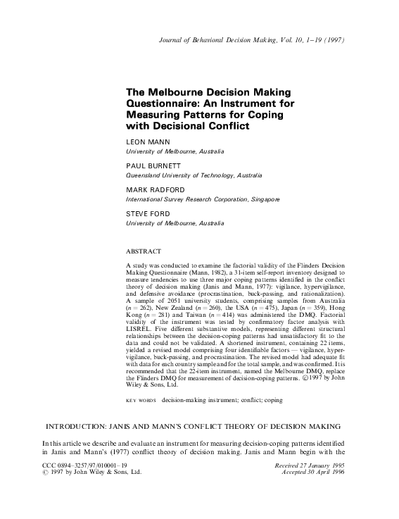 (PDF) The Melbourne Decision Making Questionnaire: An Instrument for ...