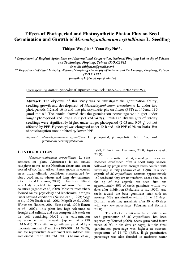 (PDF) Effects of Photoperiod and Photosynthetic Photon Flux on Seed Germination and Growth of ...