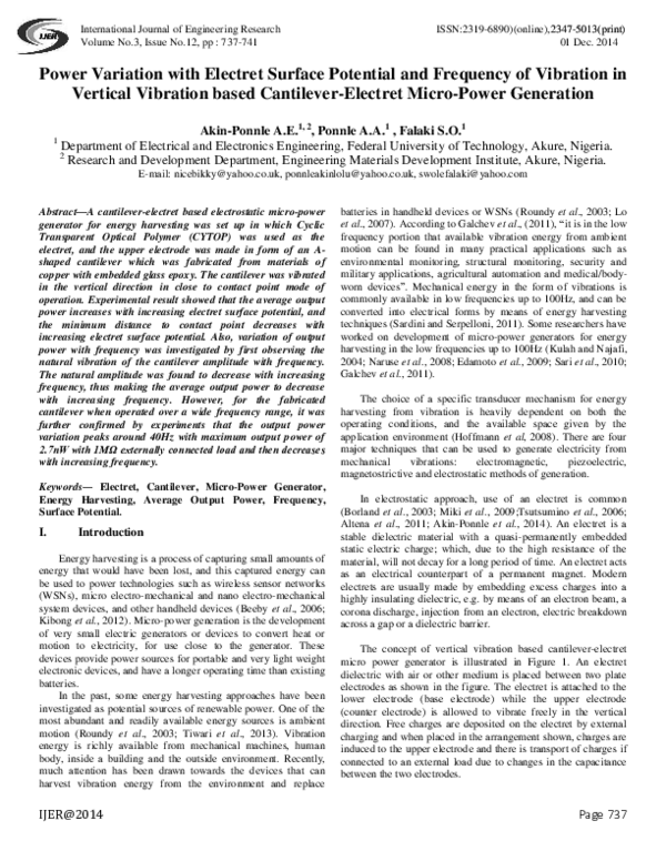 Pdf Power Variation With Electret Surface Potential And Frequency Of