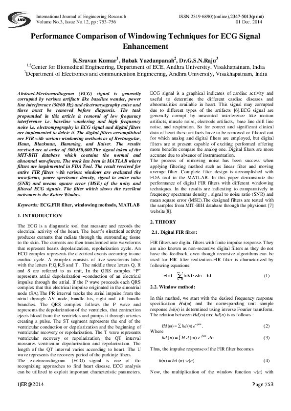 Pdf Performance Comparison Of Windowing Techniques For Ecg Signal Enhancement
