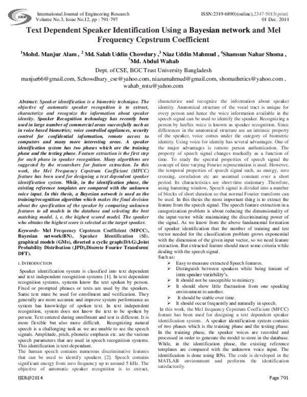 (PDF) Text Dependent Speaker Identification Using a Bayesian network and Mel Frequency Cepstrum ...