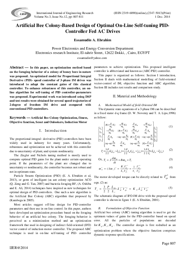 Pdf Artificial Bee Colony Based Design Of Optimal On Line Self Tuning Pidcontroller Fed Ac Drives