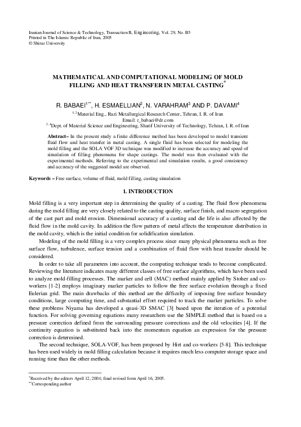 (PDF) MATHEMATICAL AND COMPUTATIONAL MODELING OF MOLD FILLING AND HEAT TRANSFER IN METAL CASTING