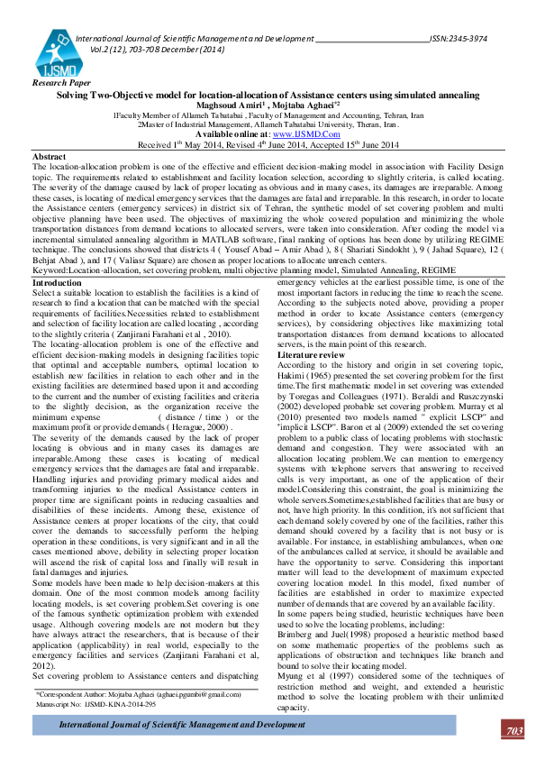 Pdf Solving Two Objective Model For Location Allocation Of Assistance Centers Using Simulated