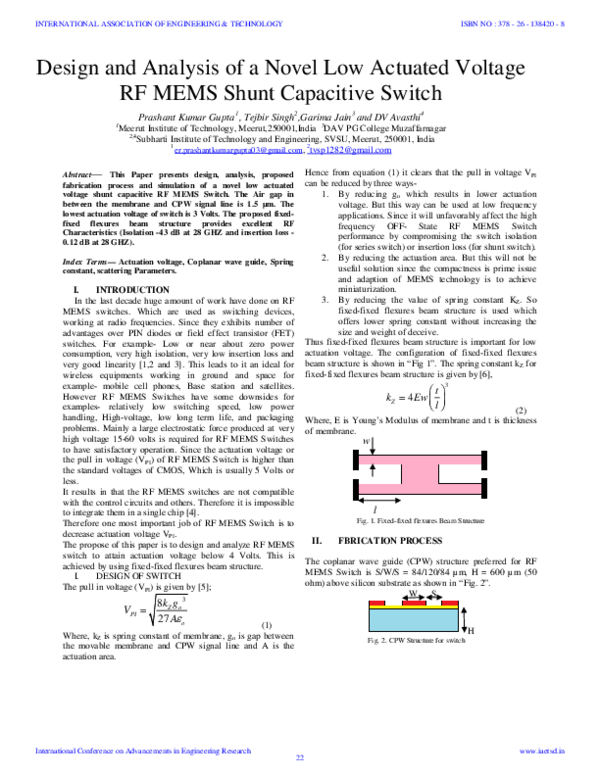 (PDF) IAETSD-Design and Analysis of a Novel Low Actuated Voltage RF MEMS Shunt Capacitive Switch