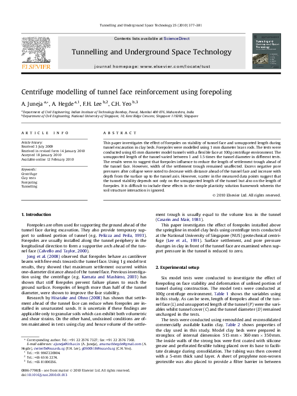 (PDF) Centrifuge modelling of tunnel face reinforcement using forepoling