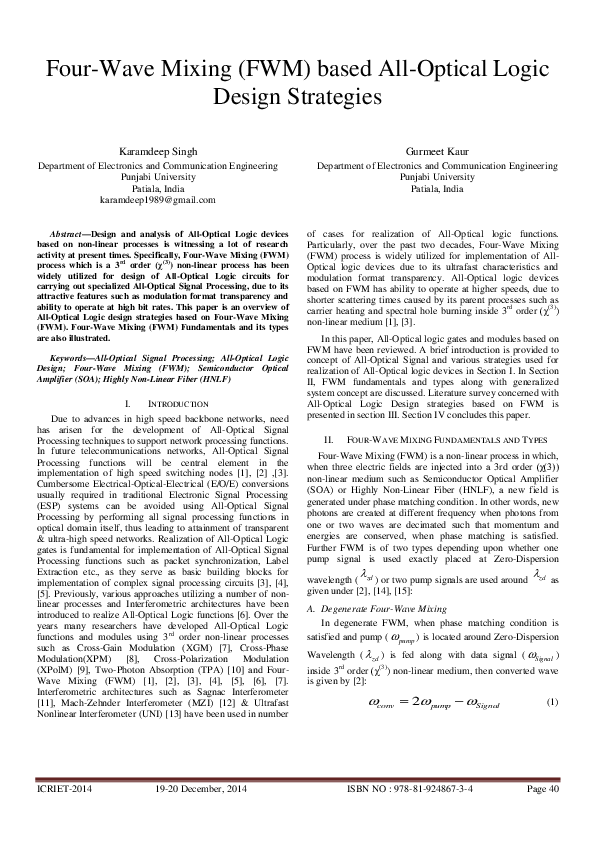 (PDF) Four-Wave Mixing (FWM) based All-Optical Logic Design Strategies
