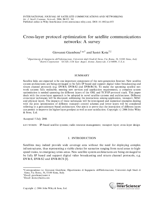 (PDF) Cross-layer Protocol Optimization for Satellite Communications Networks: A Survey