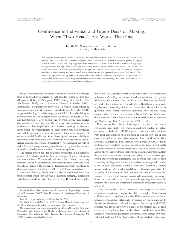 (PDF) Confidence in Individual and Group Decision Making: When Two ...