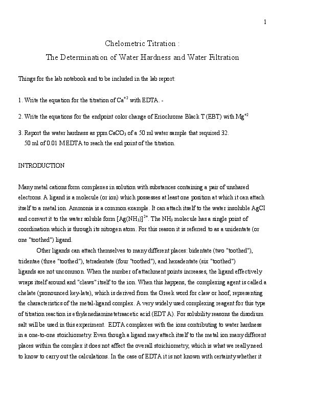 (PDF) Chelometric Titration : The Determination of Water Hardness and ...