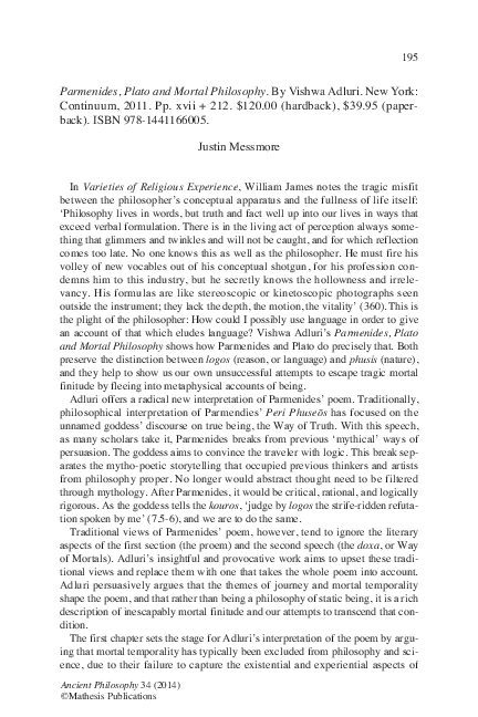 (PDF) Justin Messmore, Review of Parmenides, Plato and Mortal ...