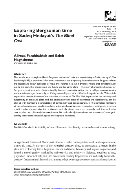 (PDF) Exploring Bergsonian time in Sadeq Hedayat’s The Blind Owl
