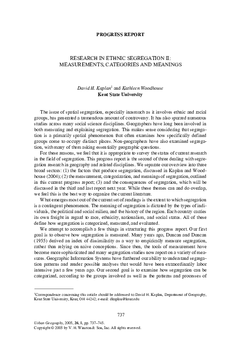 (PDF) Research in Segregation II: Measurements, Categories and Meanings
