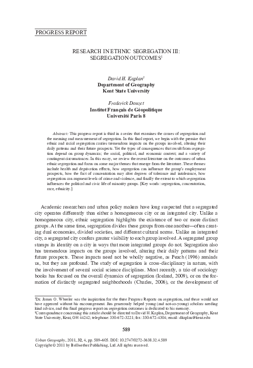 (PDF) Research in Segregation III: Segregation Outcomes | David Kaplan ...