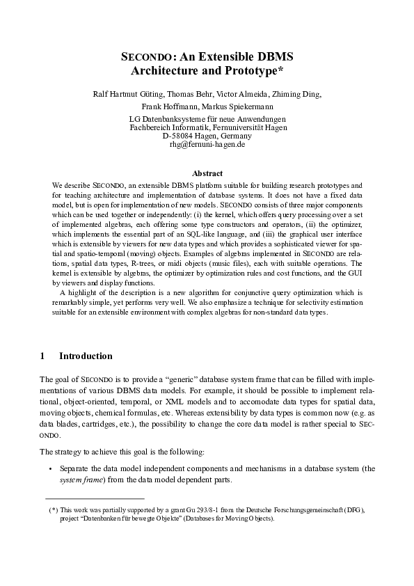Pdf Secondo An Extensible Dbms Architecture And Prototype