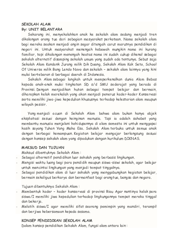 (DOC) SEKOLAH ALAM By: UNIT BELANTARA Sekarang ini