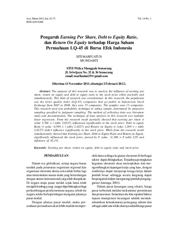 (PDF) Pengaruh Earning Per Share, Debt to Equity Ratio, dan Return On Equity terhadap Harga ...