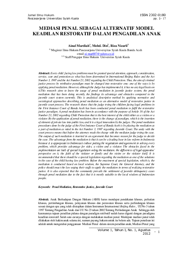 (PDF) Jurnal Ilmu Hukum MEDIASI PENAL SEBAGAI ALTERNATIF MODEL KEADILAN RESTORATIF DALAM ...