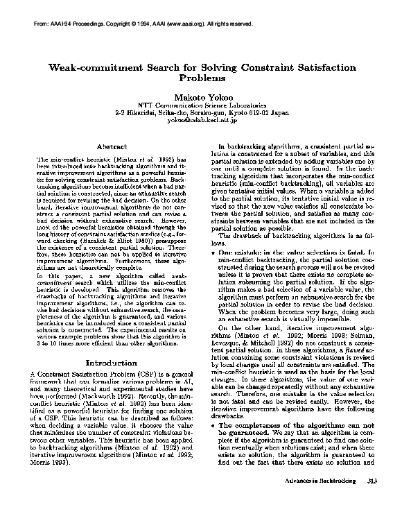 (PDF) Weak-Commitment Search for Solving Constraint Satisfaction Problems