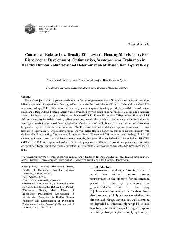 Pdf Controlled Release Low Density Effervescent Floating Matrix Tablets Of Risperidone