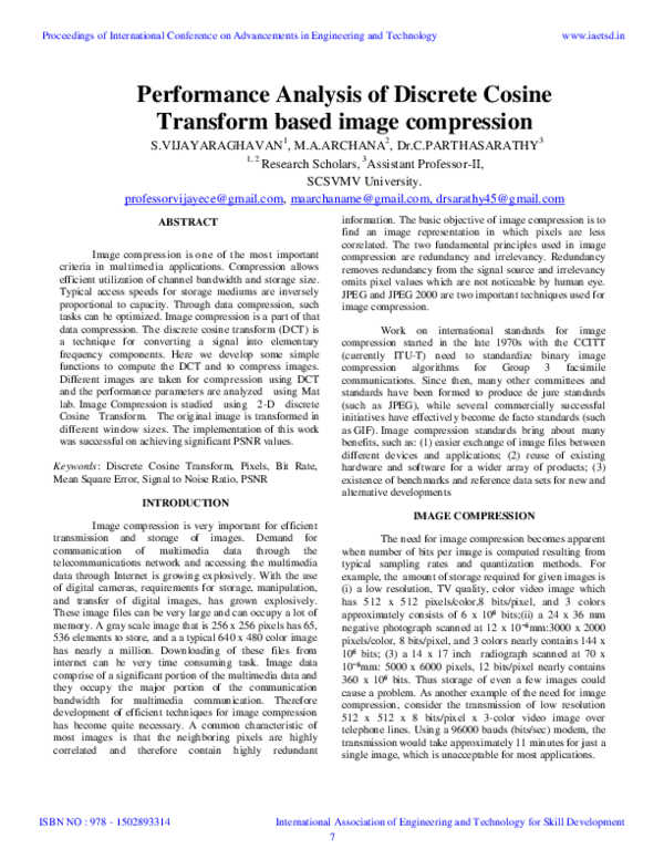 (PDF) IAETSD-Performance Analysis of Discrete Cosine Transform based image compression