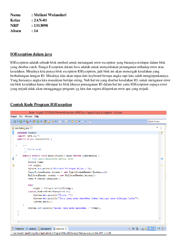 Doc Contoh Kode Program Ioexception Console Yang Tidak Terjadi Exception